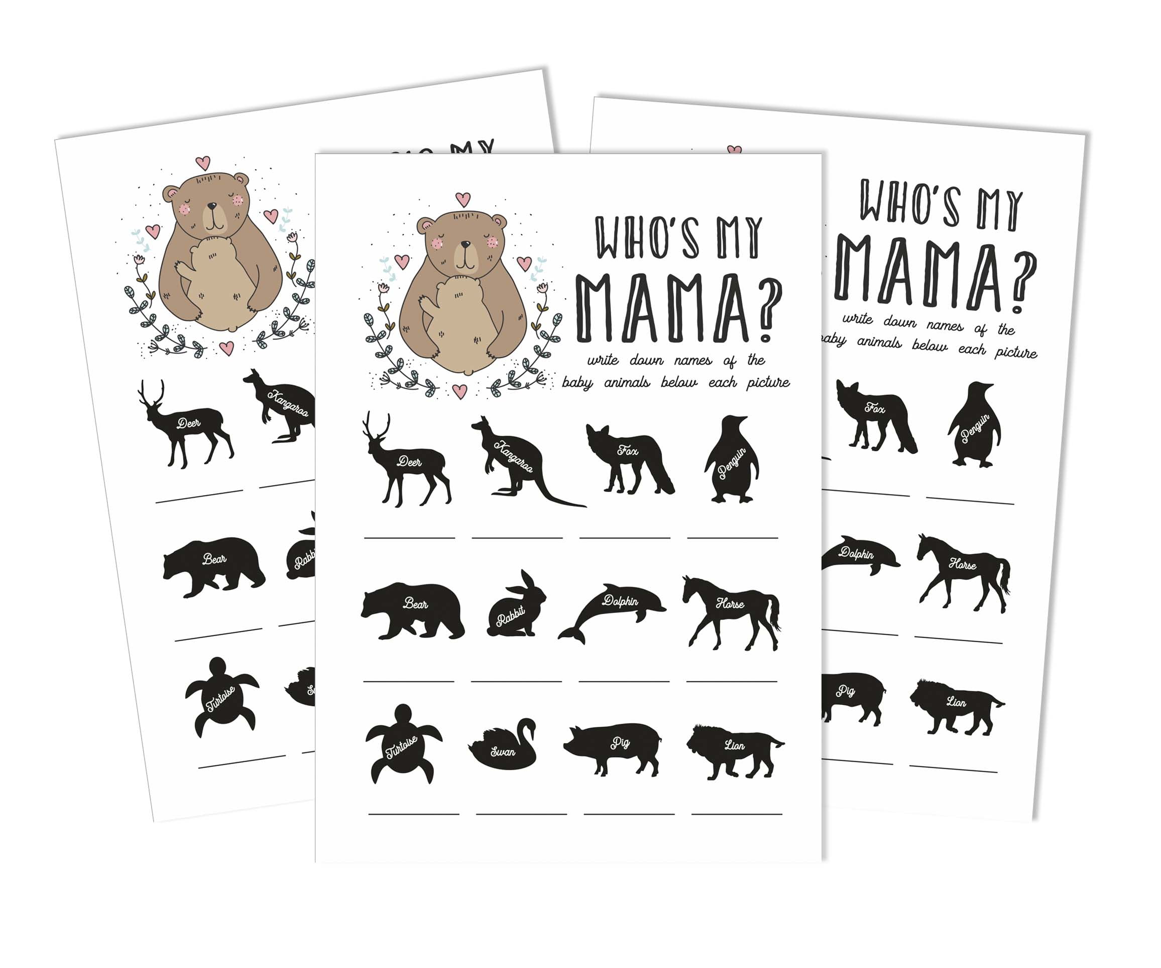 Inkdotpot 50-Pack Who Is My Mommy Baby Shower Game Cards Bear Animal My ...