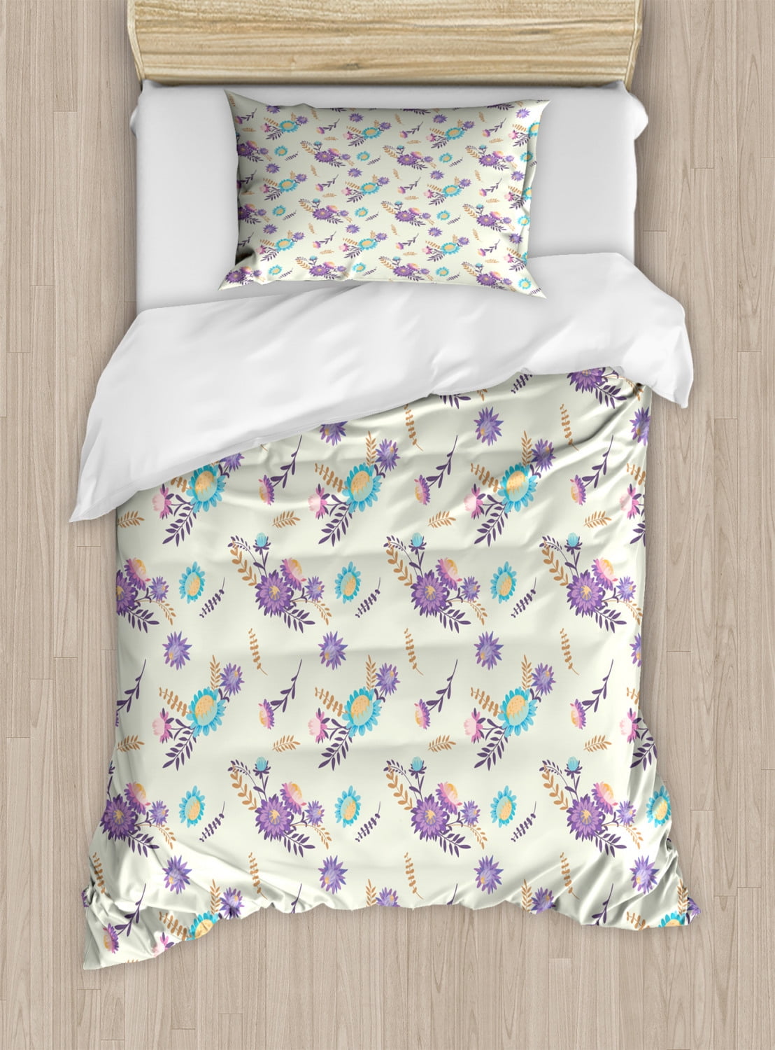 Aster Duvet Cover Set Twin Size, Hand Drawn Composition of Aster and ...