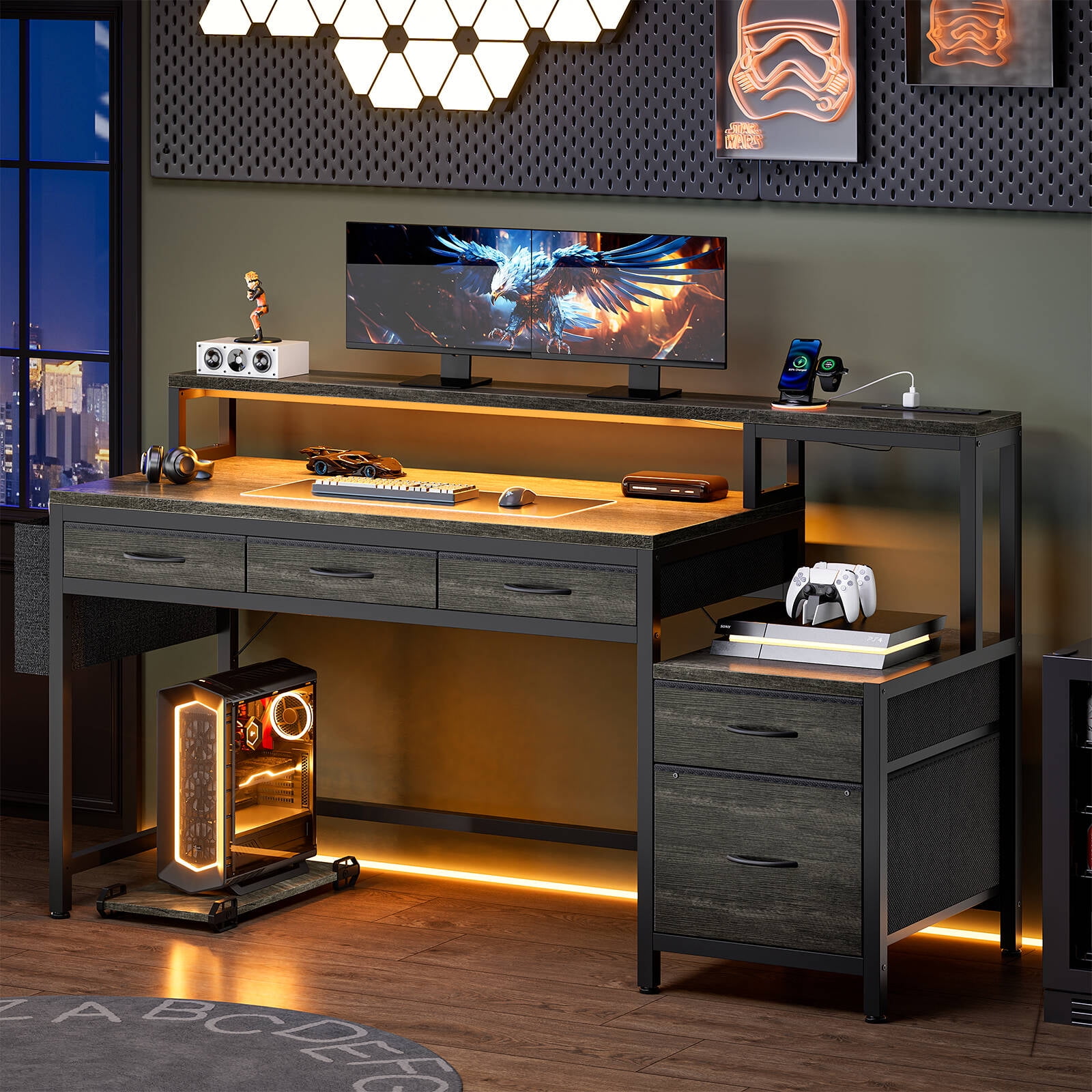GUNAITO 60 inch Home Office Desk with LED Lights & Power Outlet Modern ...