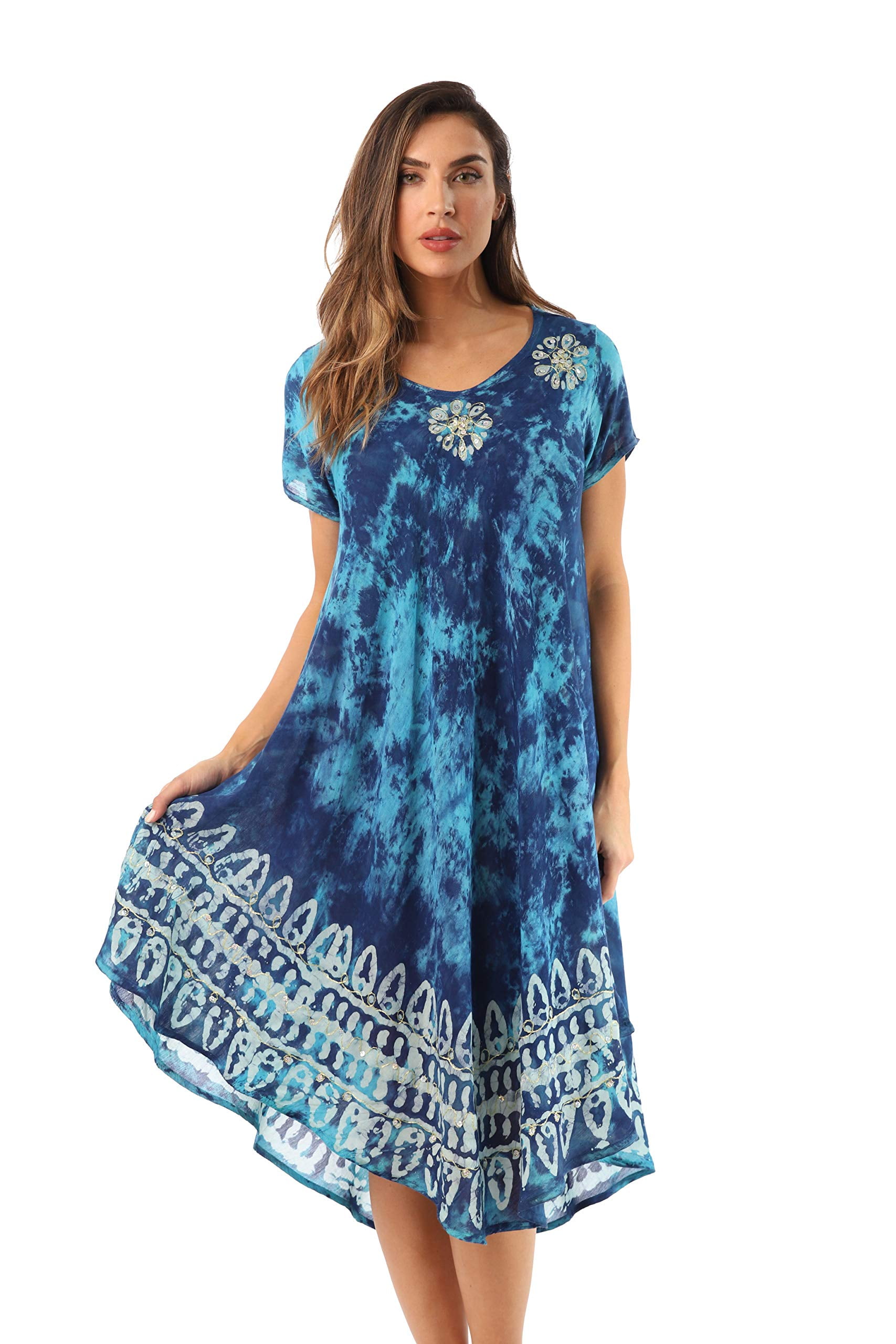 Riviera Sun Batik Tie Dye Summer Dress Beach Cover Up (Turquoise / Navy ...