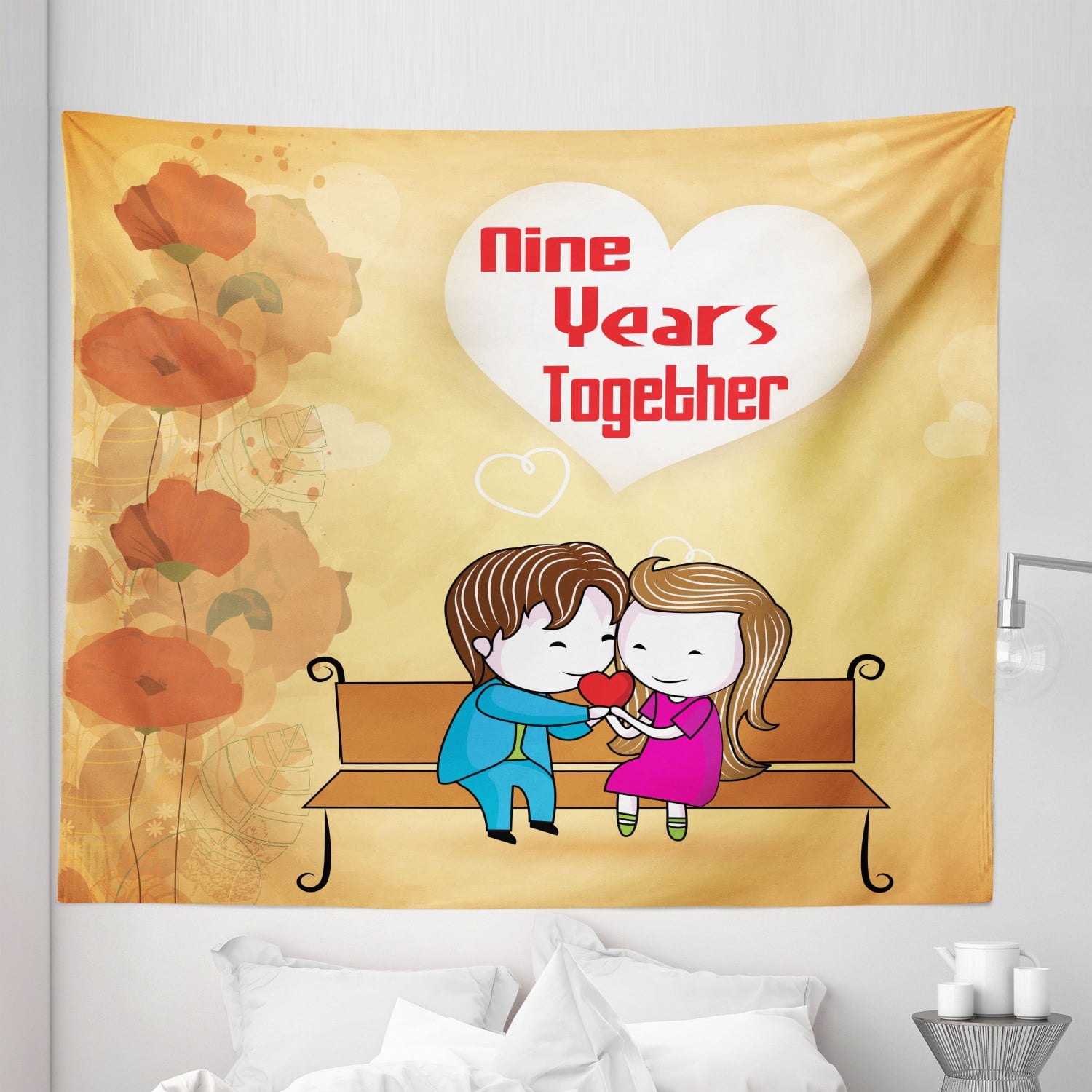 Anniversary Tapestry, 9 Years Together Cartoon Couple Sits on a Bench ...