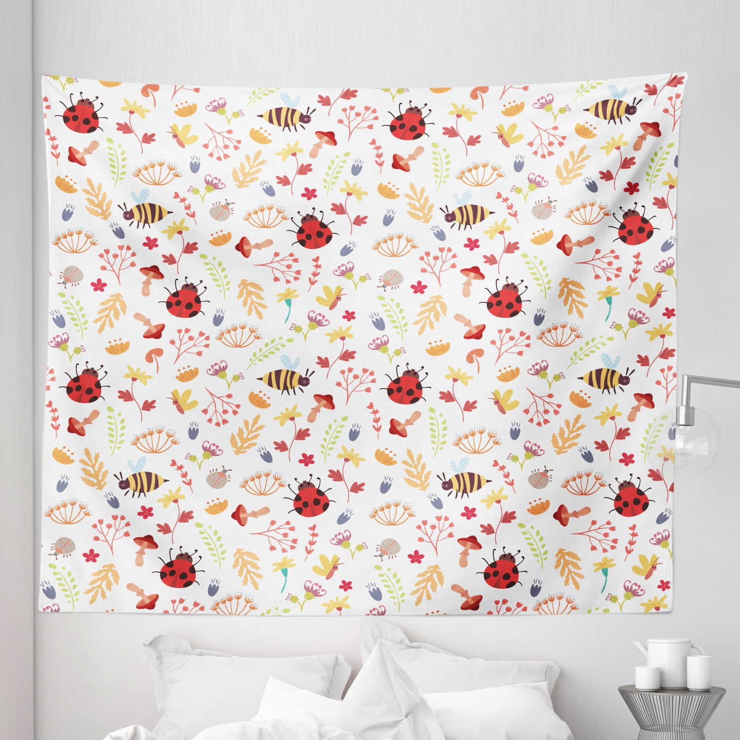 Bee Tapestry, Autumn Themed Doodle Pattern with Bugs Plants Herbs ...