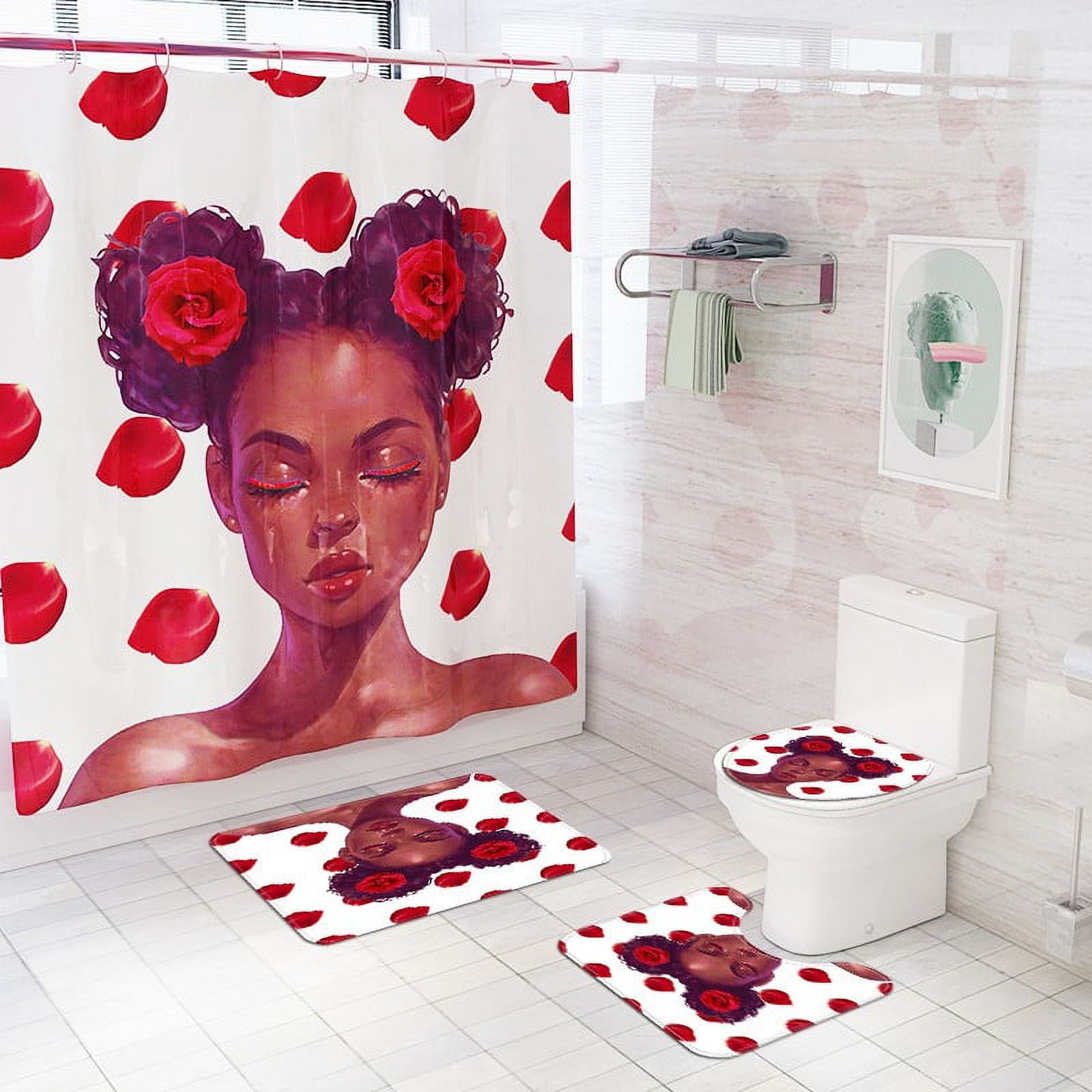 4pcs Set Sexy African Woman Shower Curtain Floral Black Art Gorgeous