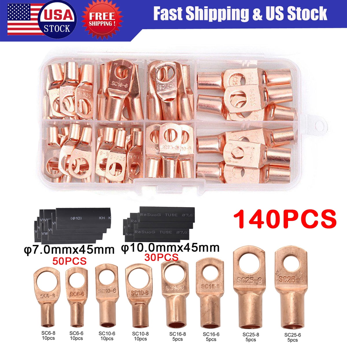140PCS Car Copper Lug Ring Terminals Cable Electrical Wire Crimp ...