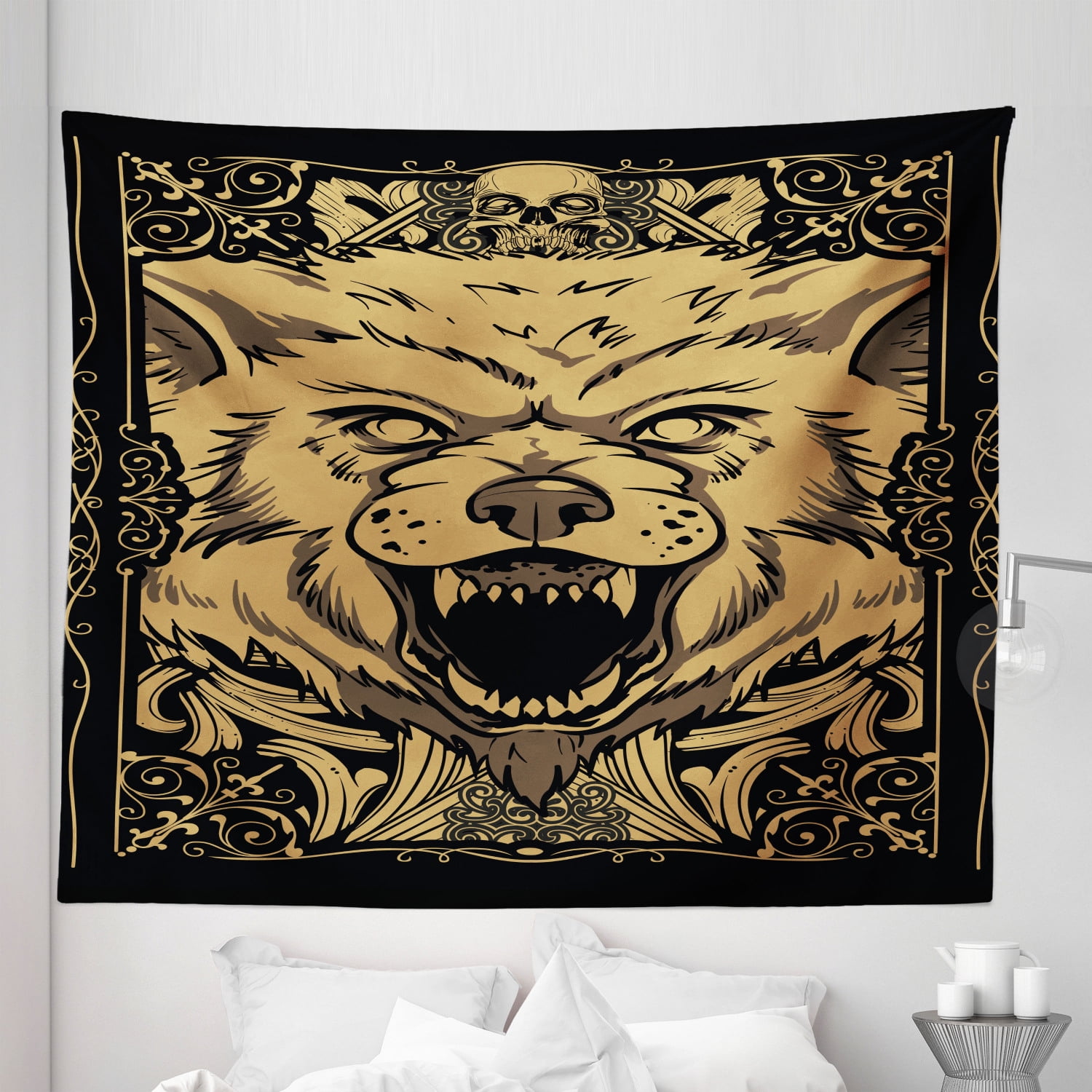 Wolf Tapestry, Angry Carnivore Animal Face with Skull Ornamental ...