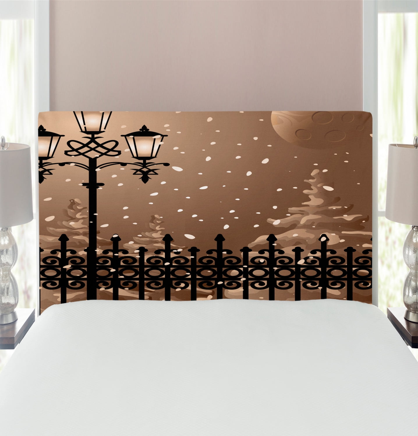 Lantern Headboard, Frozen Scenery Iron Fences City Evening Snow and ...