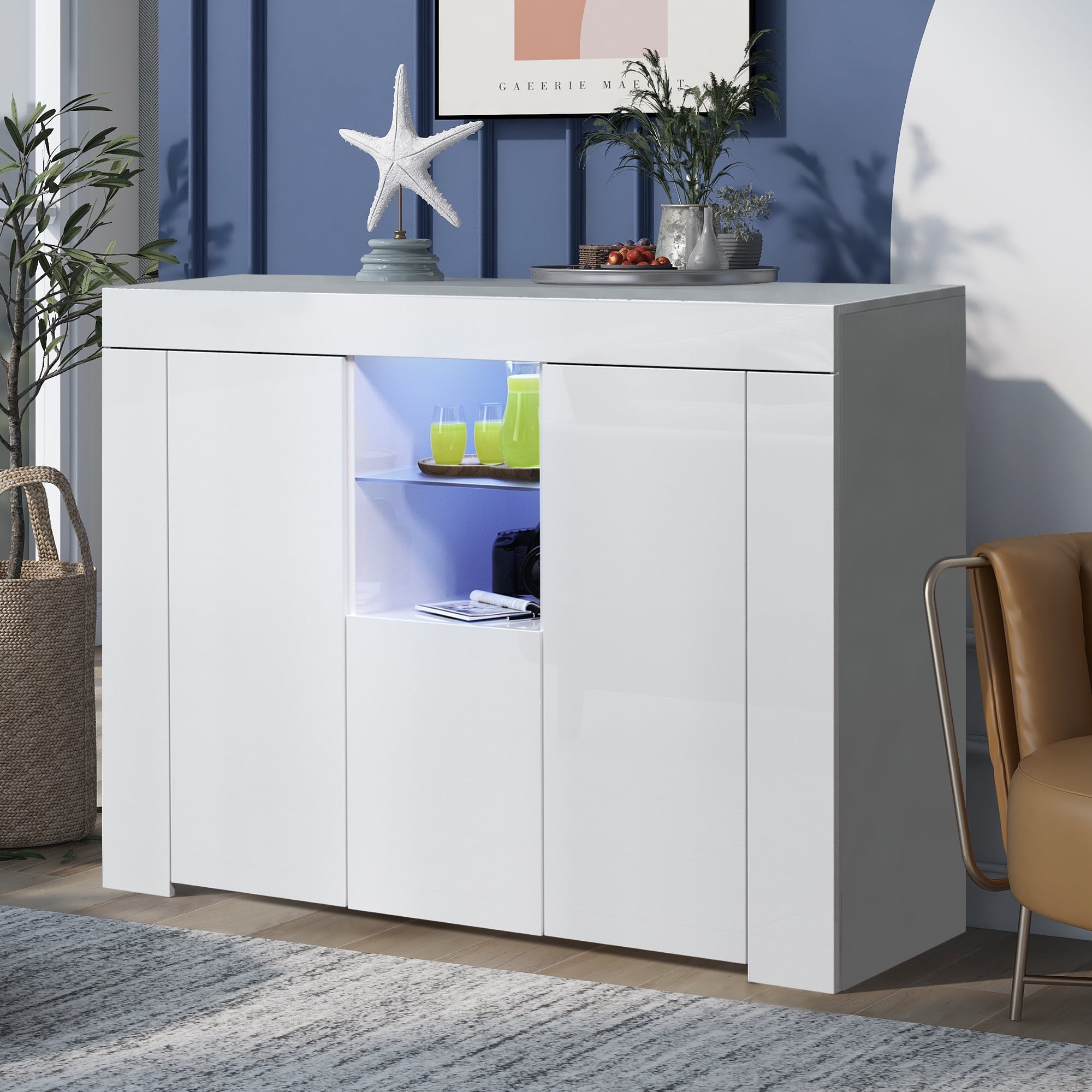 BTMWAY White Sideboard, High Gloss Buffet Cabinet with 16 Colors LED ...