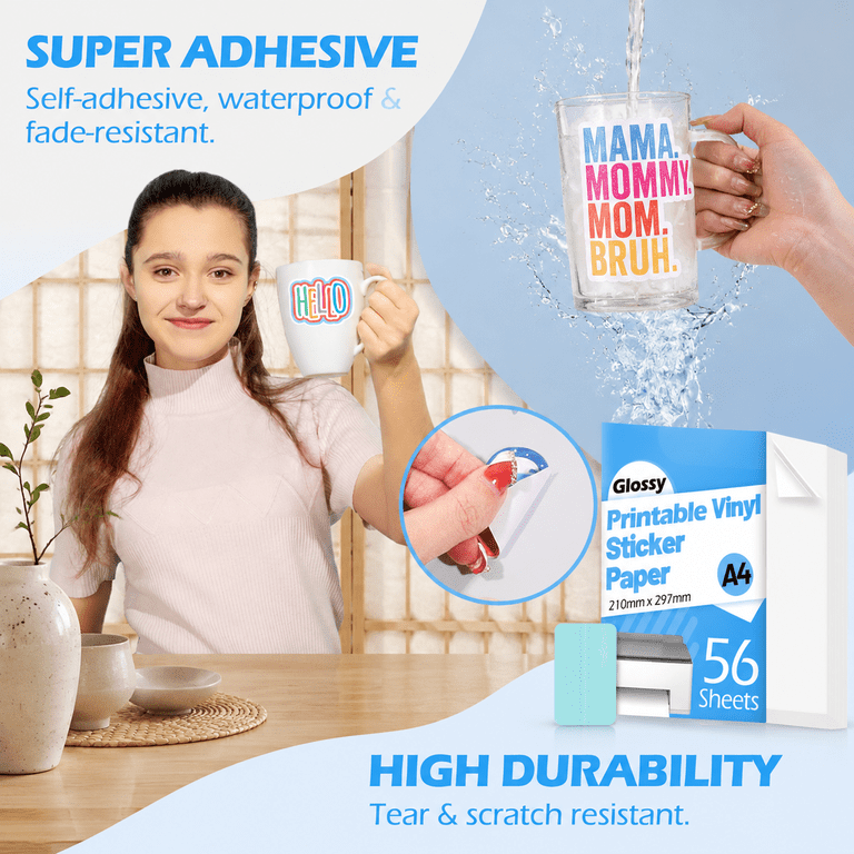56PCS Glossy Vinyl Sticker Paper A4 8.26x11.69in for Inkjet Printers ...