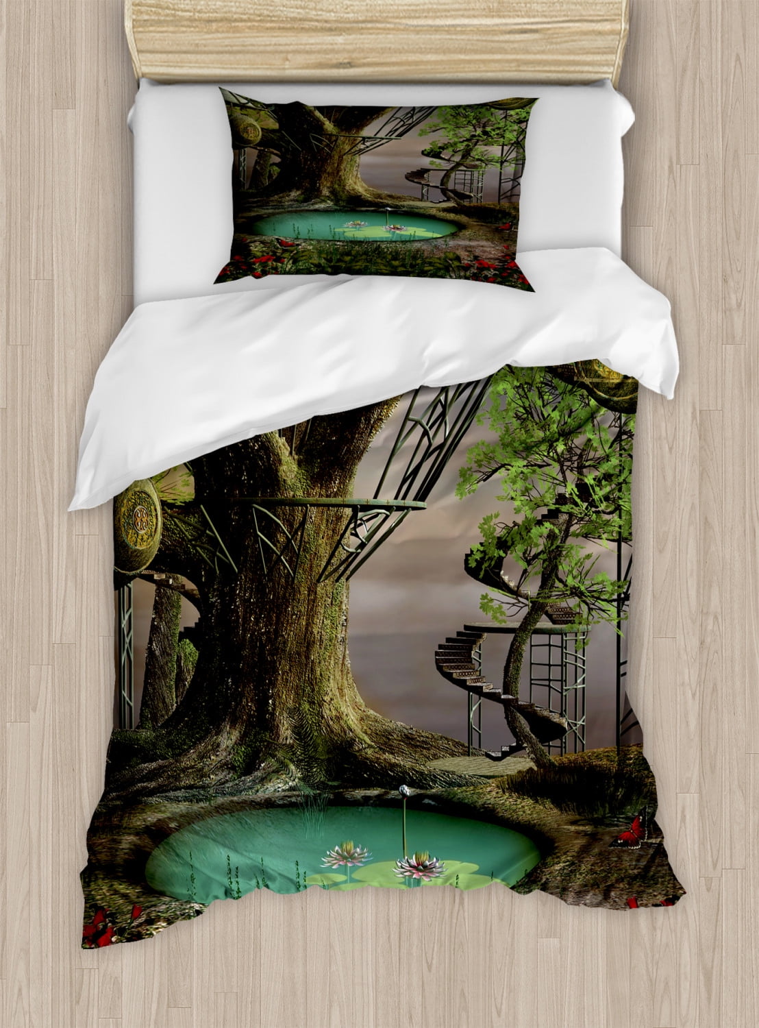 Tree Duvet Cover Set Twin Size, Realistic Illustration of Enchanted ...