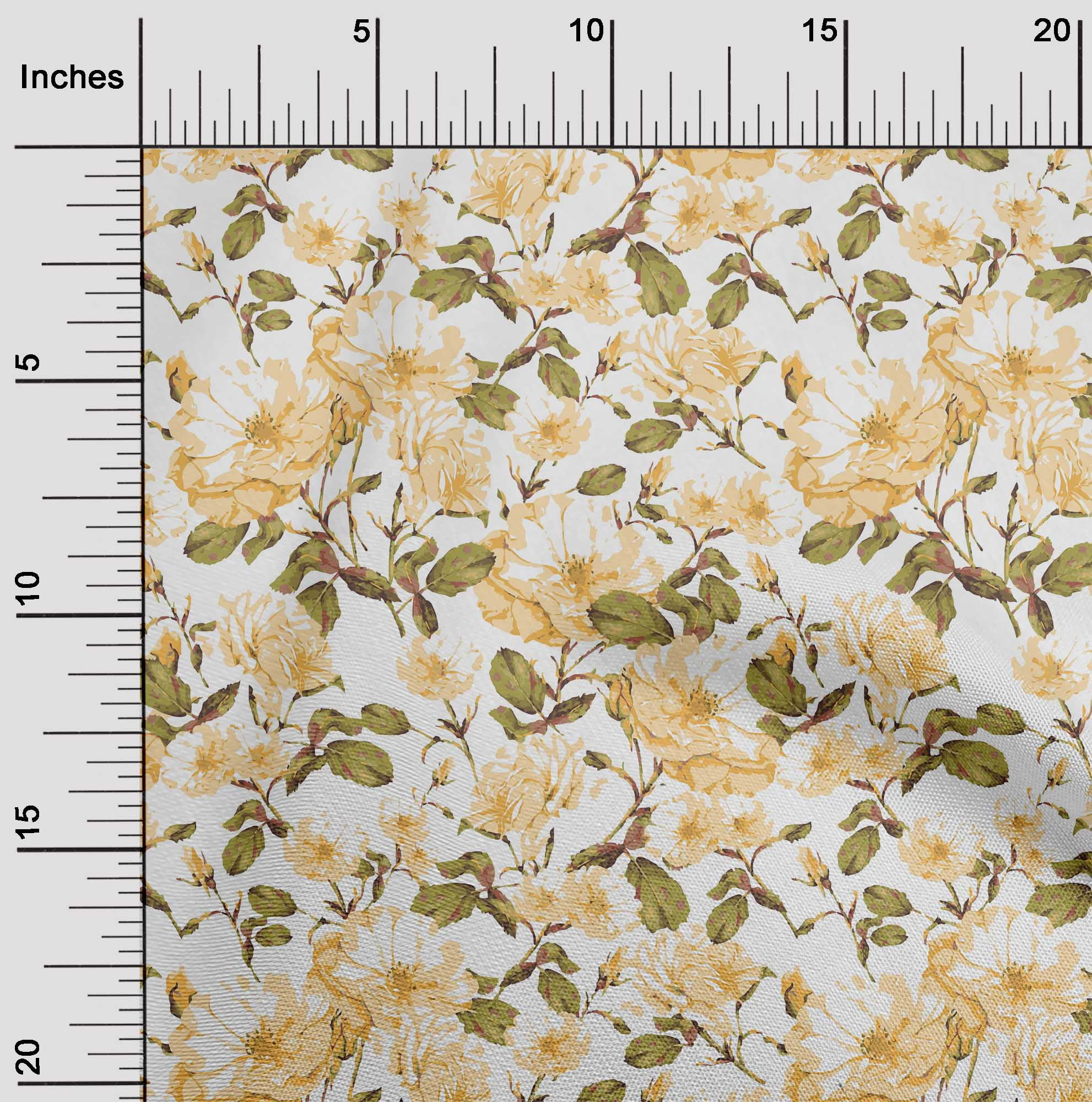 oneOone Cotton Poplin Pale Yellow Fabric Flower & Leaves Watercolor ...