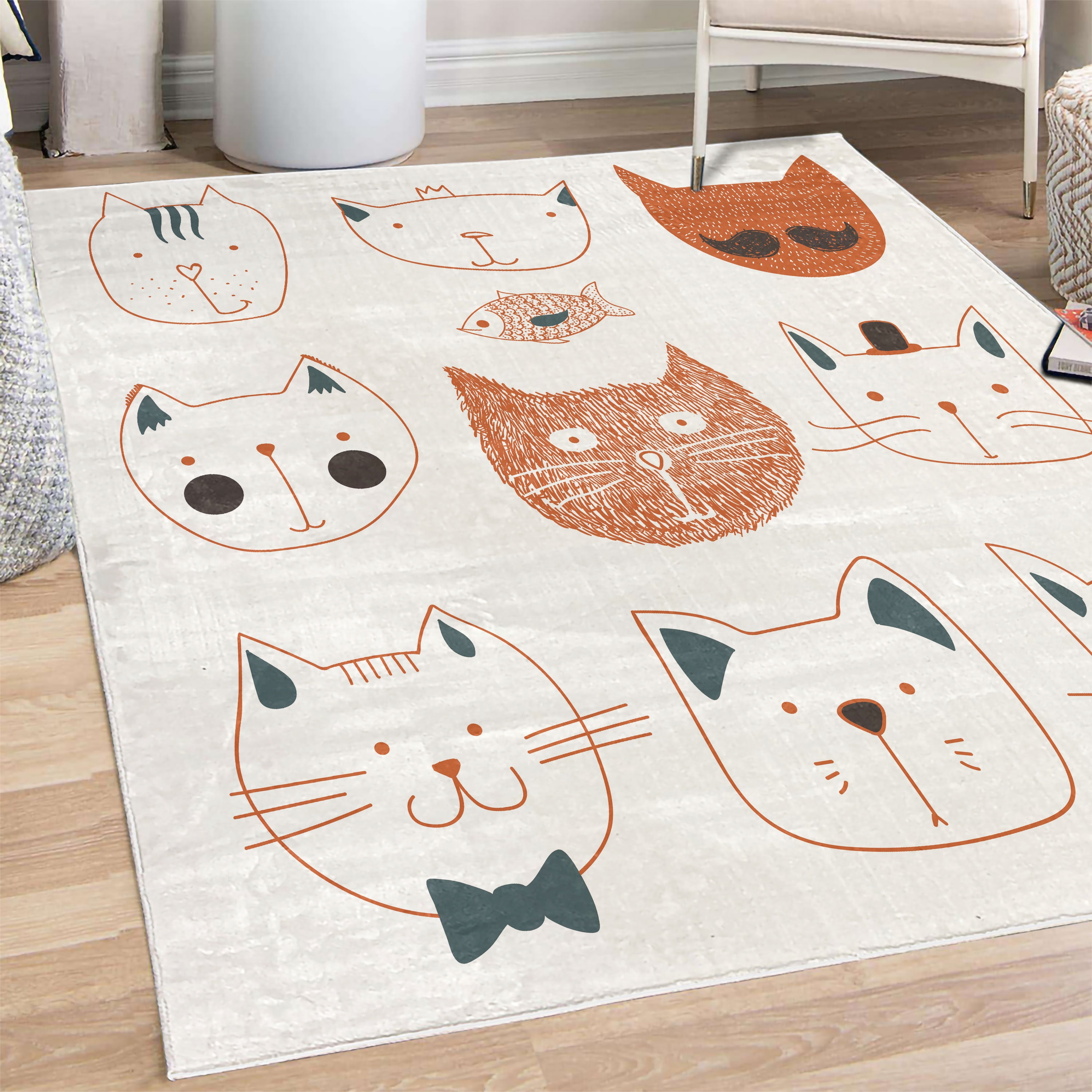Cat Decorative Rug, Pets Moustache Bow Tie Hat Crown Fluffy and Fish ...