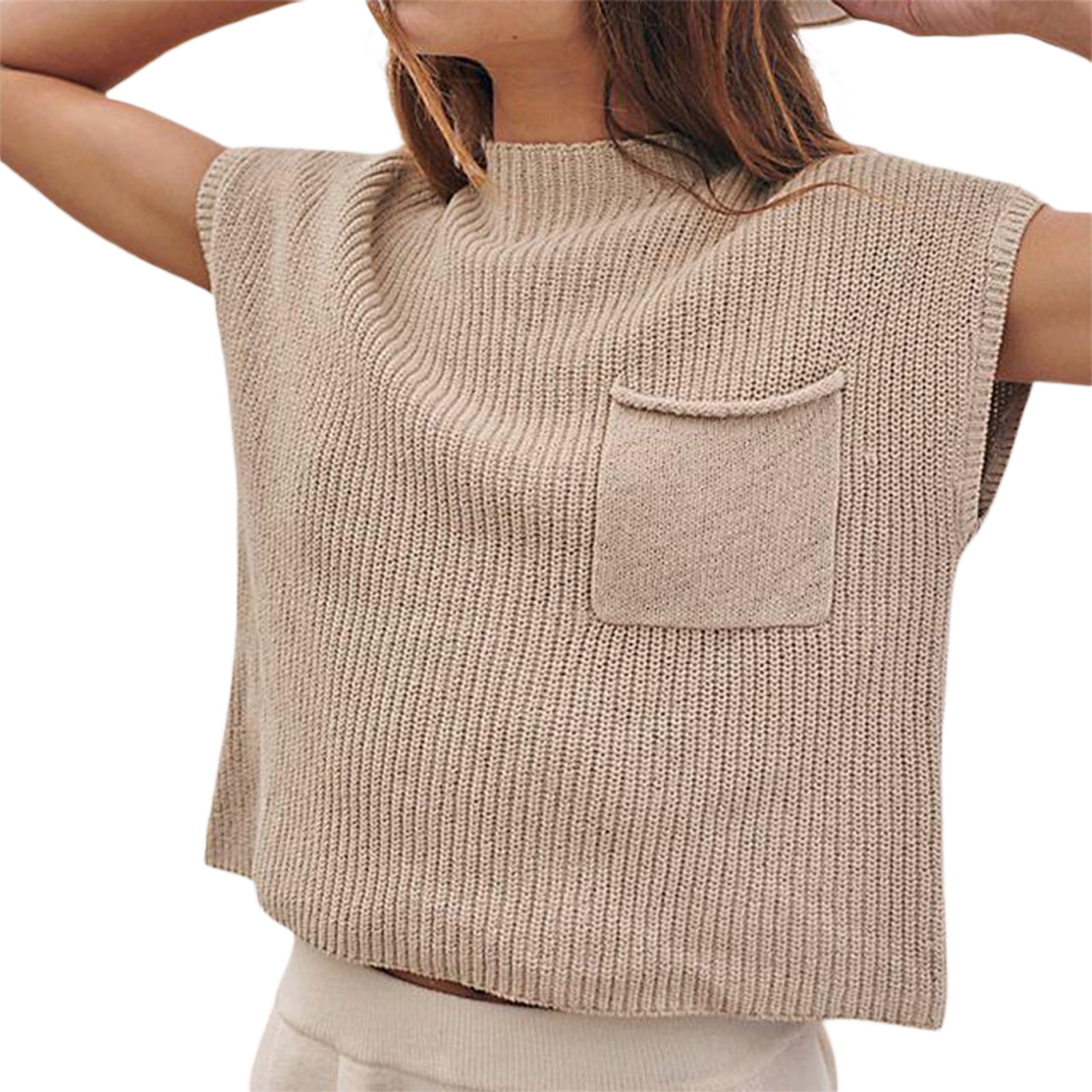 Inevnen Women's Mock Neck Short Cap Sleeve Sweater Vest Casual Solid ...