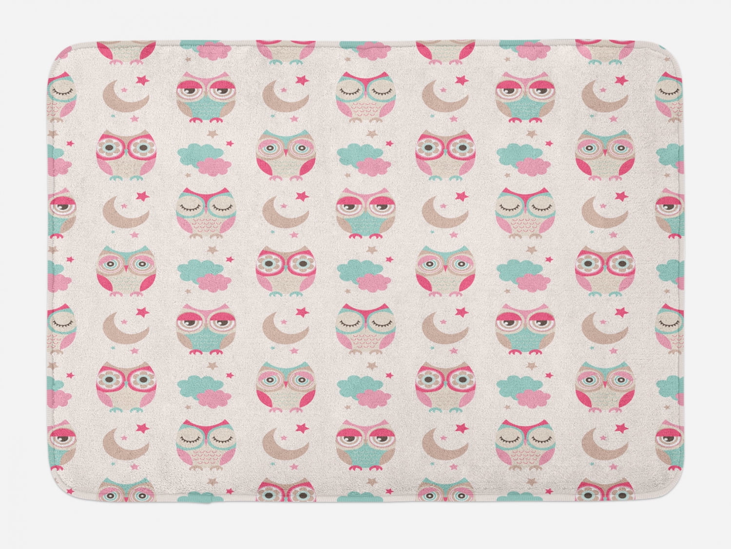 Owls Bath Mat, Owls Stars Moon Patterns in Feminine Soft Colors ...