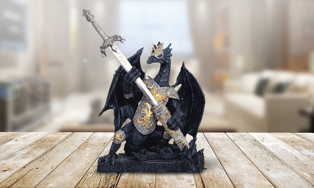 ICE ARMOR 6.5"H Black Dragon with Sword Statue Fantasy Decoration ...