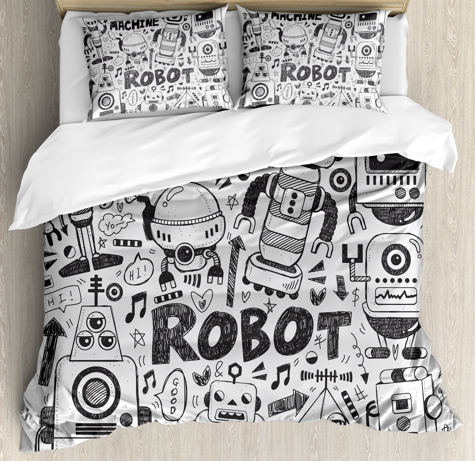 Robot King Size Duvet Cover Set, Futuristic Space Doodle Style Androids ...