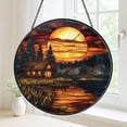 Cabin at Sunset Stained Glass Round Suncatcher, Lakeside Log Home ...