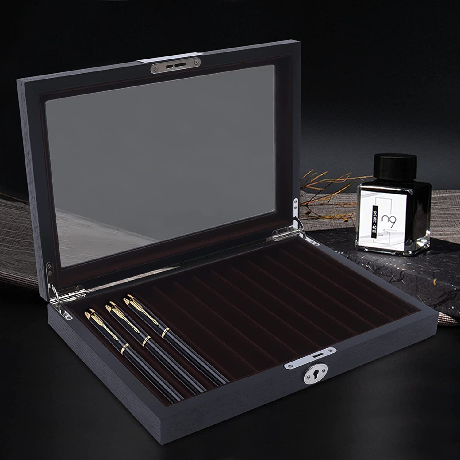 Fichiouy 12 Slot Wooden Pen Display Box with Transparent Lid Gift for ...