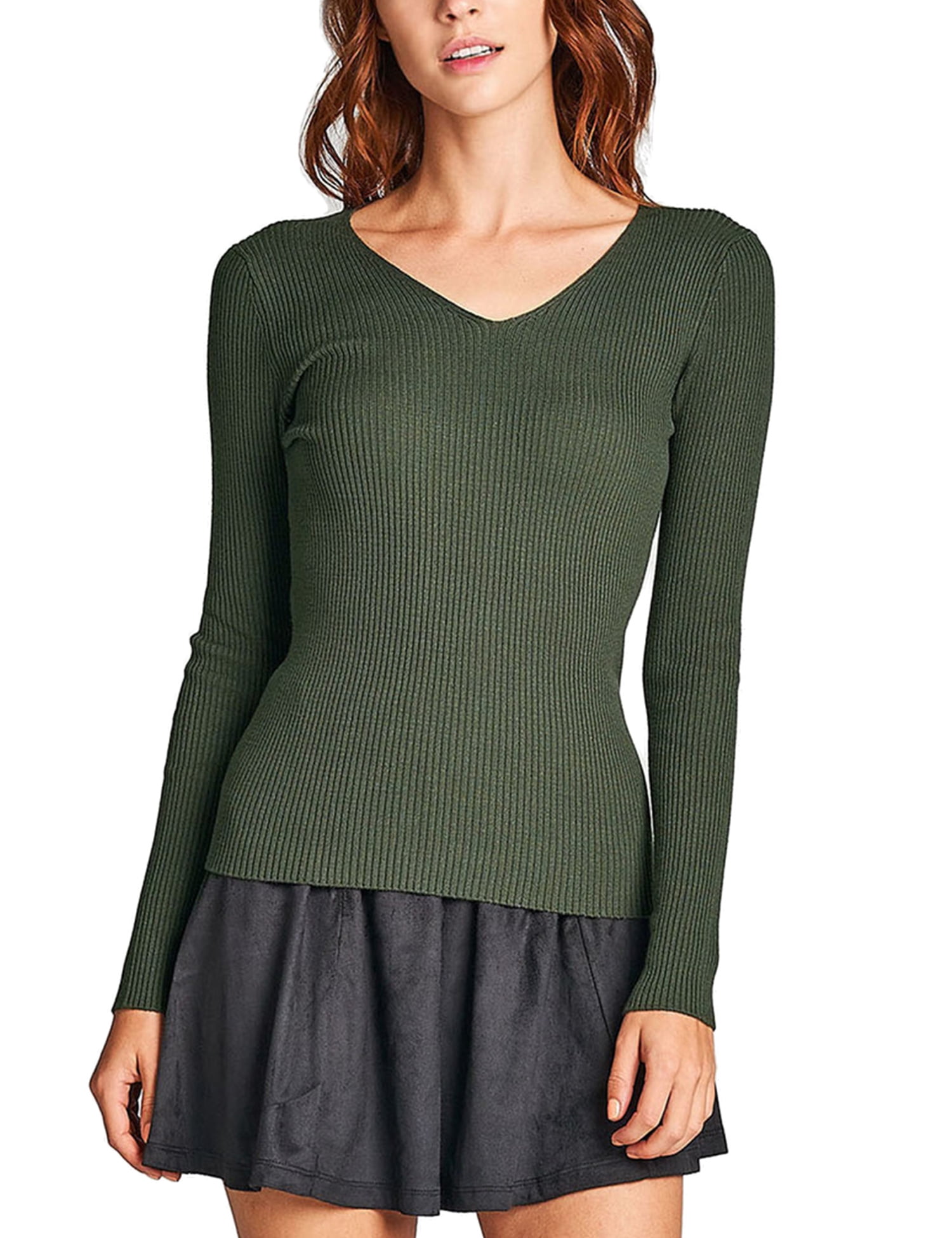 KOGMO Women's Long Sleeve V-Neck Fitted Rib Rayon Nylon Sweater Top ...