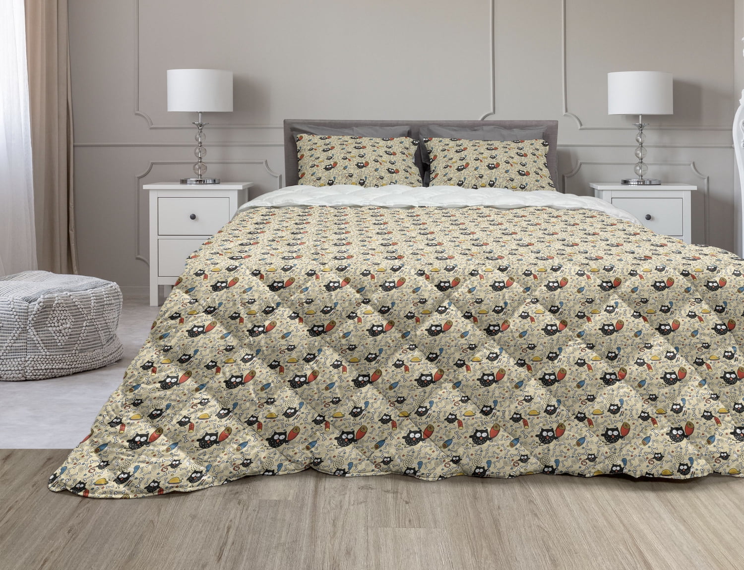 Cartoon Comforter & Sham Bedding Set, Hungry Owls Lots of Bones and ...