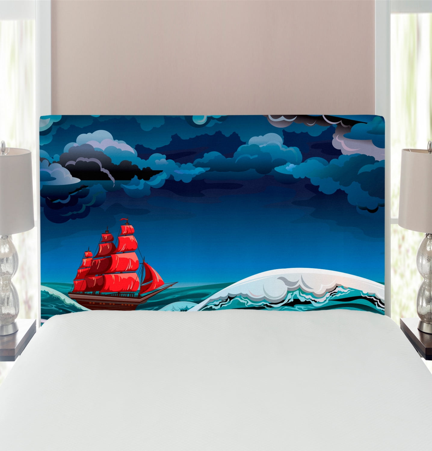 Nautical Headboard, Vintage Vessel Sailing in Stormy Weather at Dark ...