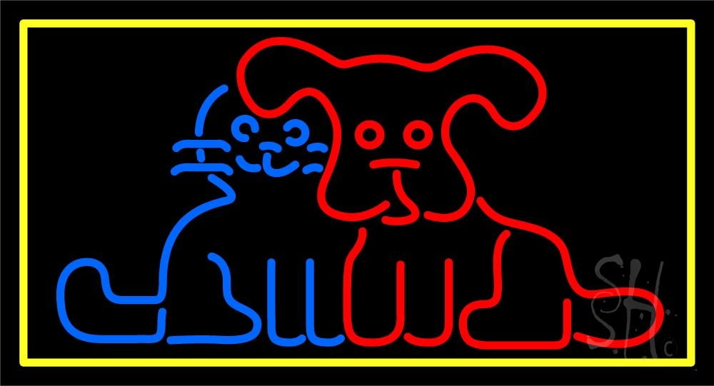 Dog Cat Yellow Border LED Neon Sign 20" Tall x 37" Wide - inches Black ...