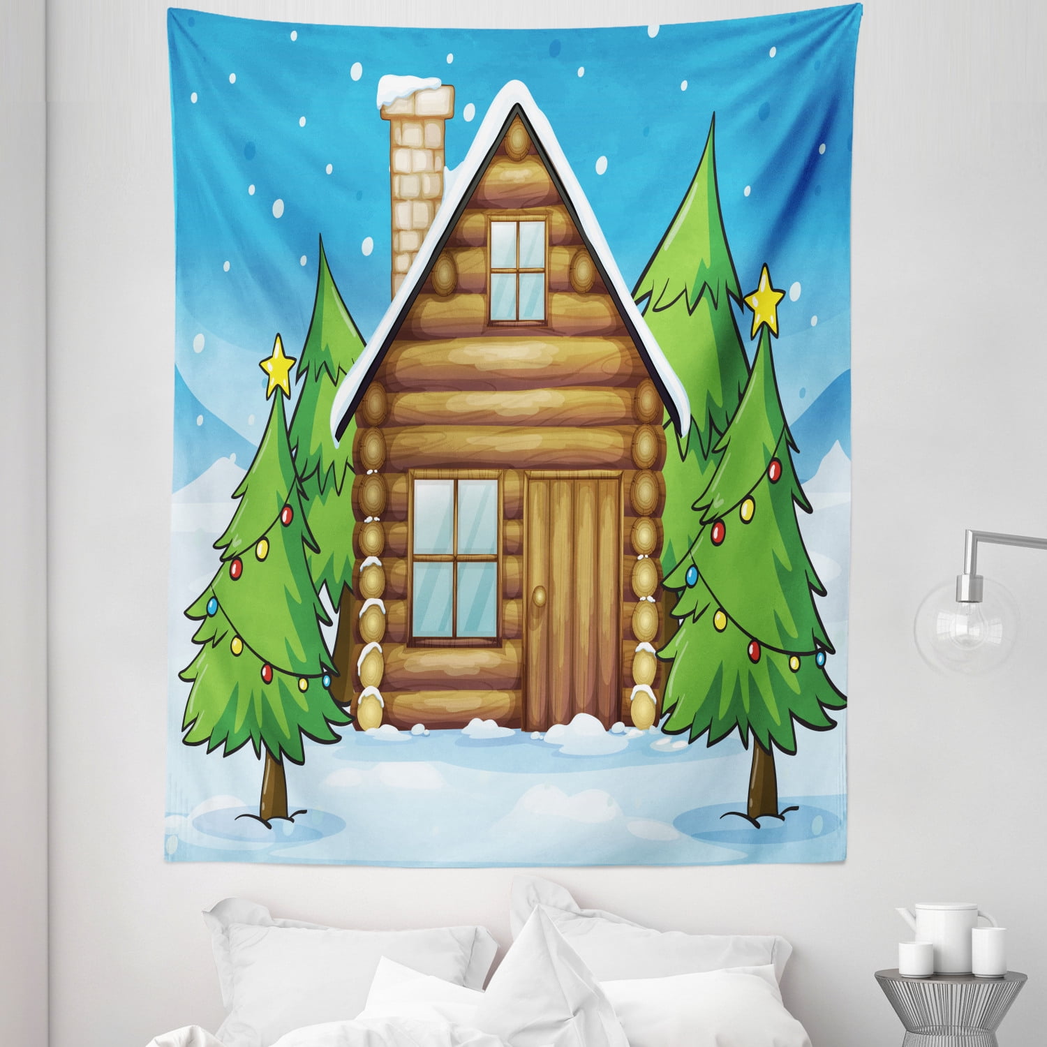 Log Cabin Tapestry, Illustration of a Cabin in Winter and Firs with ...