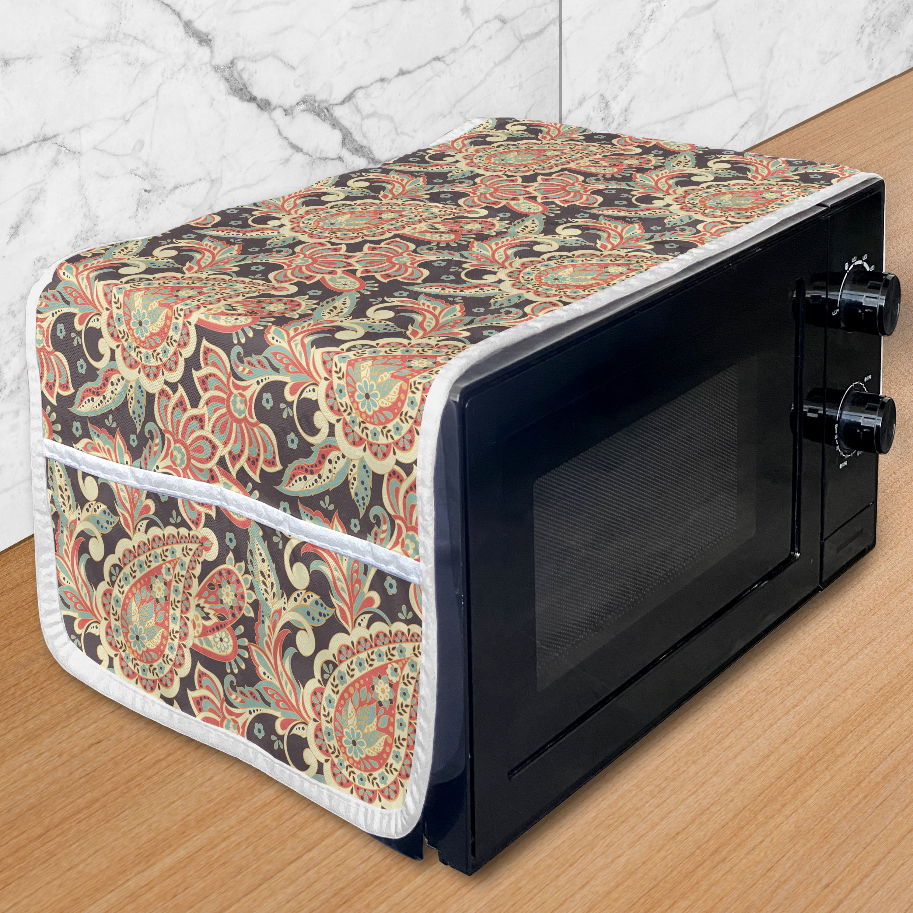 Batik Microwave Oven Cover, Vintage Pattern in Style Curly Leaves and ...