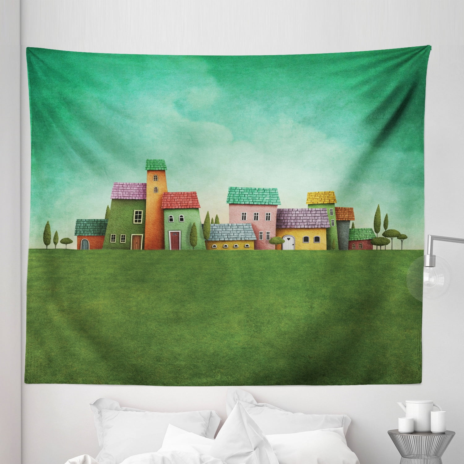 Mural Tapestry, Village of Abstract Shaped Colorful Housesnd Bushy ...