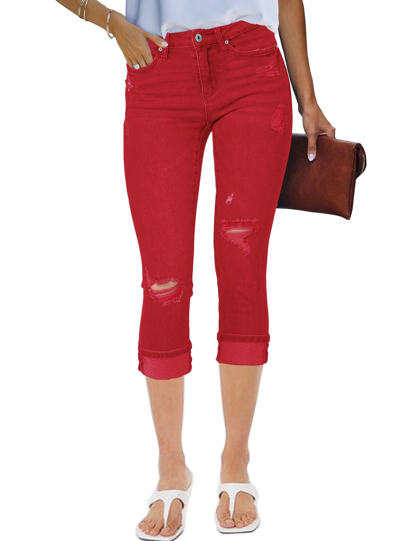 luvamia Jeans Capri for Women Stretch High Waisted Distressed Denim ...