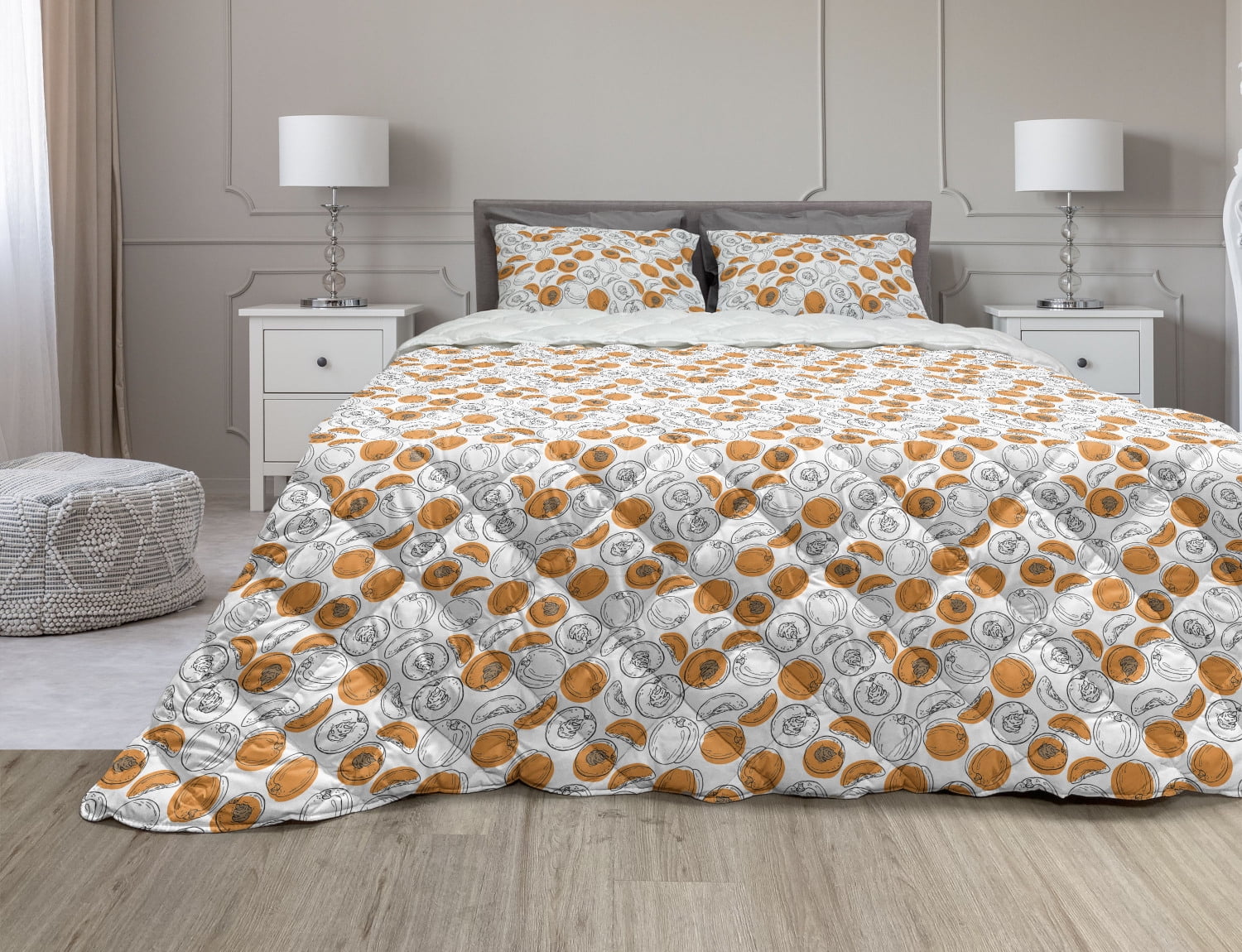 Peach Comforter & Sham Bedding Set, Hand-Drawn Silhouette Juicy Peach ...