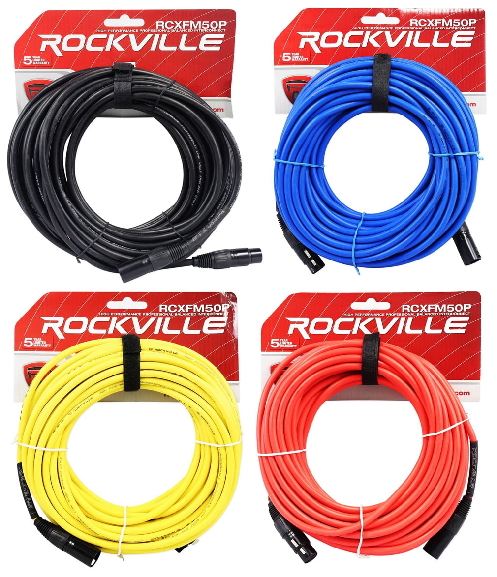 4 Rockville 50' Female to Male REAN XLR Mic Cable 100% Copper (4 Colors ...