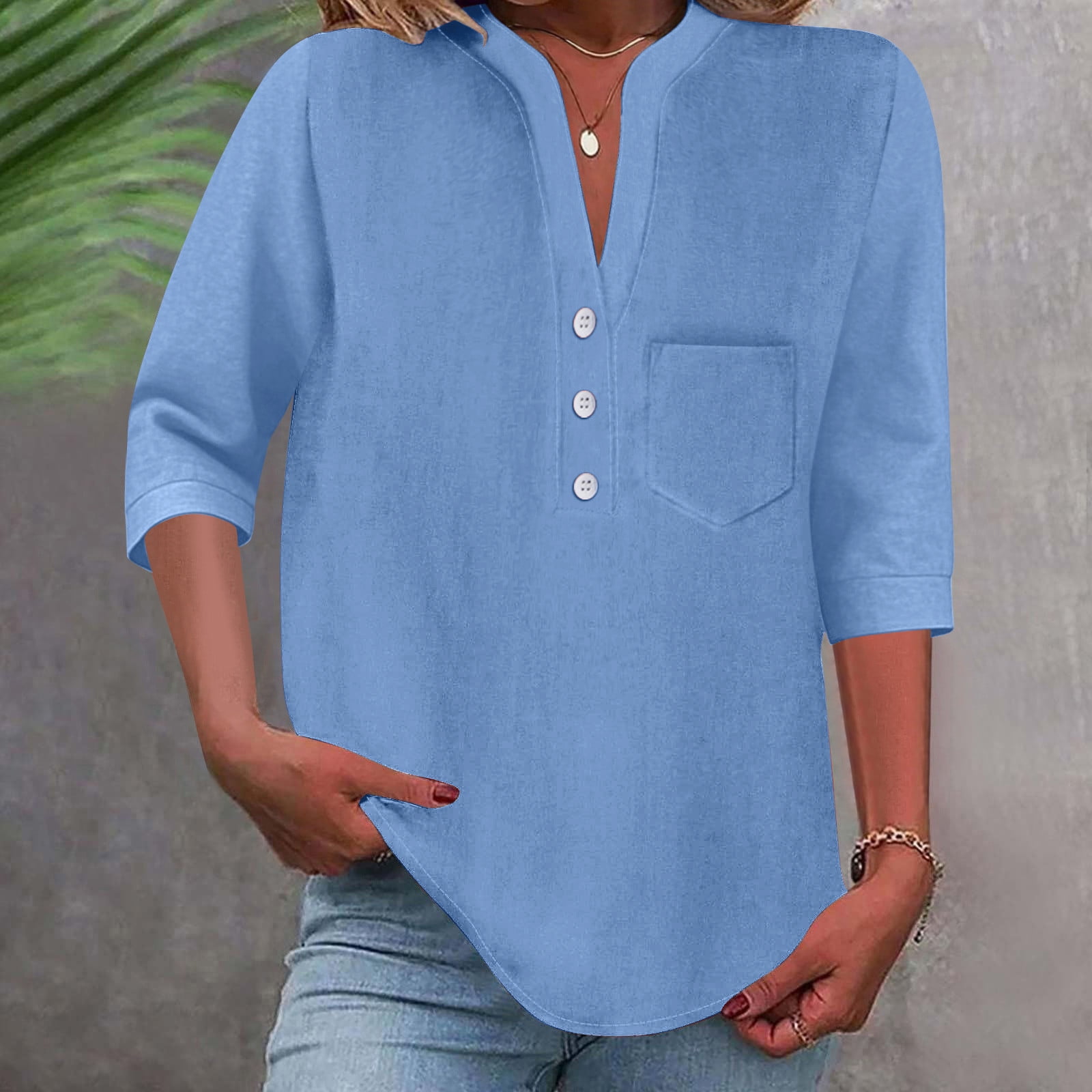 Click here for Ovbmpzd V-Neck Ladies Tops Short Sleeve Cotton Blu... prices