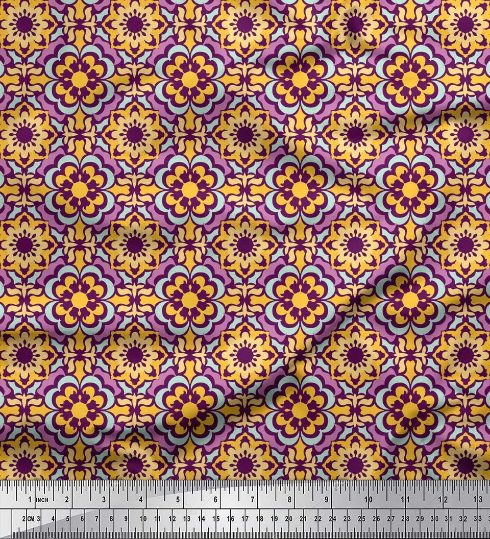 Soimoi Yellow Silk Fabric Seamless Moroccan Damask Print Fabric by the ...