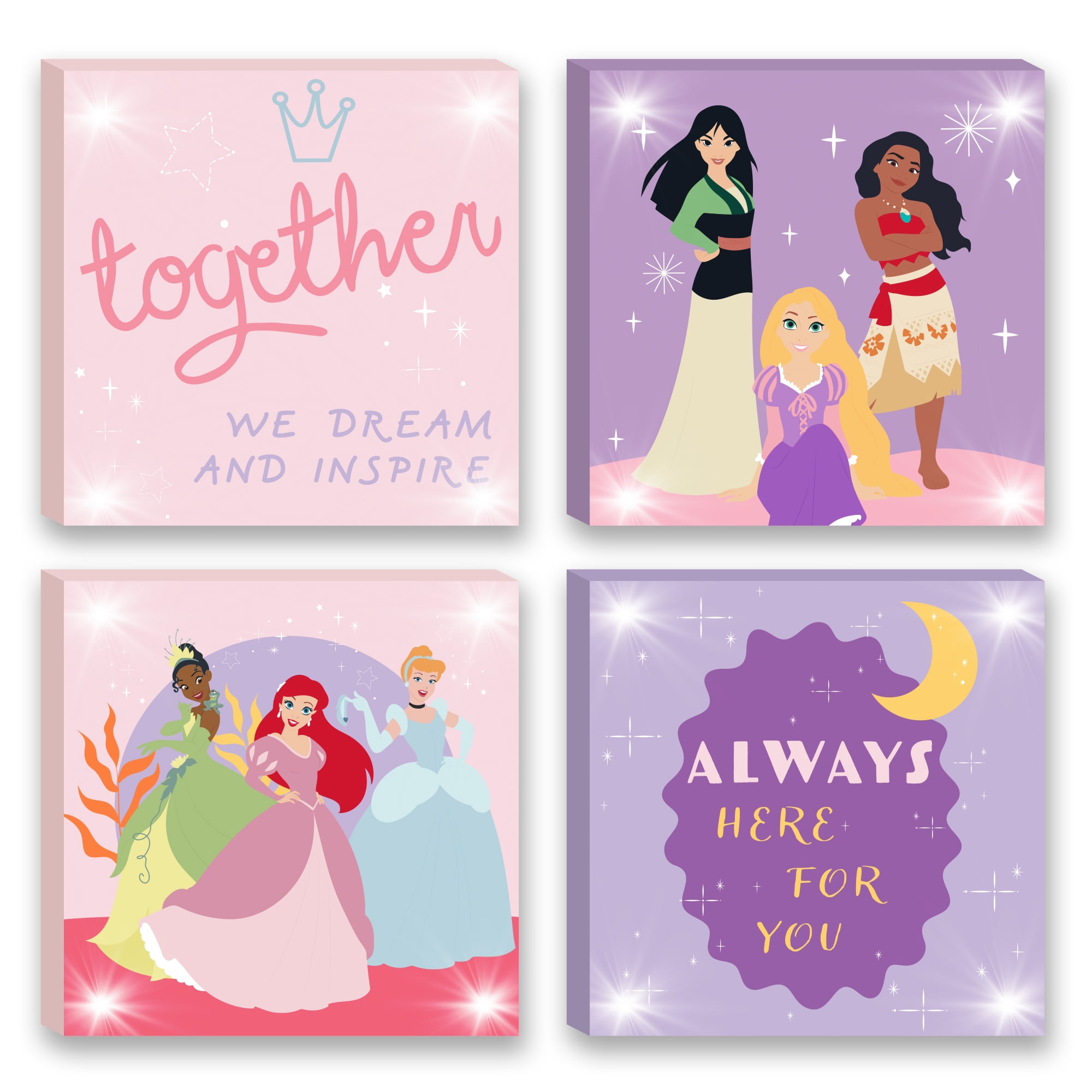 Disney Princess 4 Pack Canvas Wall Art for Children's Room Décor, Pink ...
