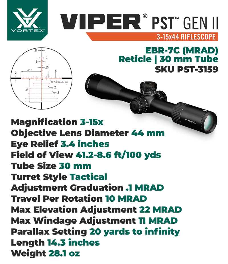 Buy Vortex Optics Viper PST Gen II 3-15x44 FFP EBR-7C (MRAD) Reticle 30 ...