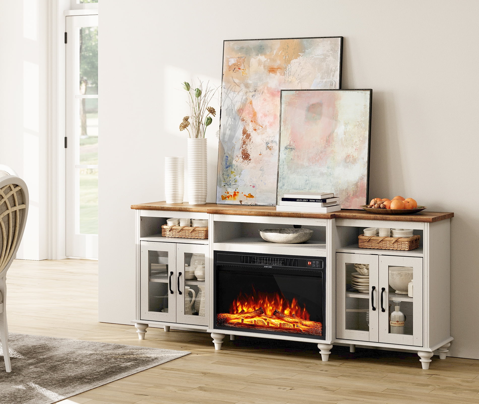 Wampat Antique White Highboy Entertainment Center with 7 Storages, 75 ...