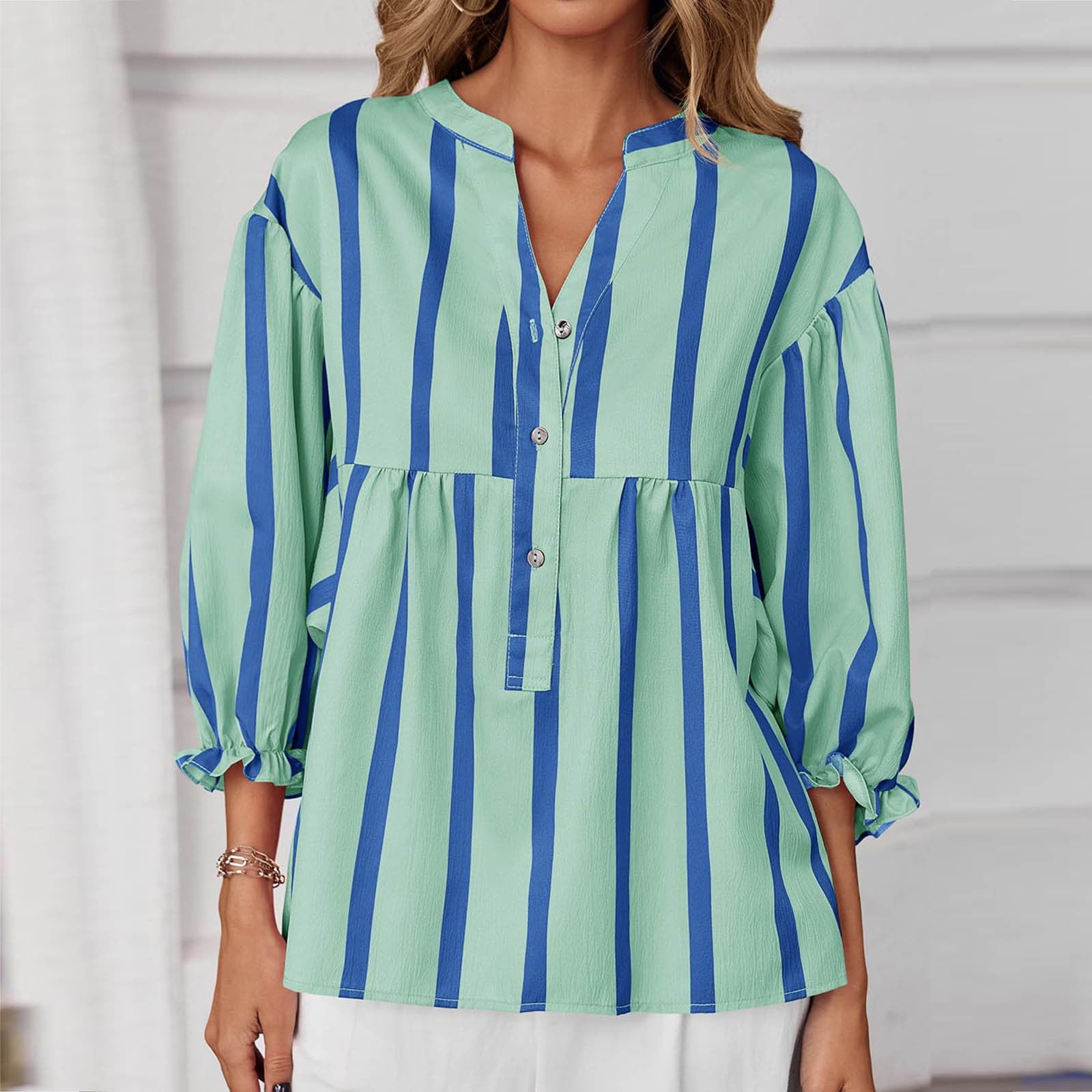 Click here for Soki Womens Puff Sleeve Tops Summer V Neck Striped... prices