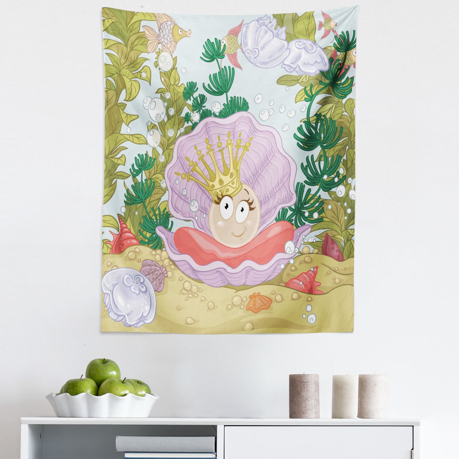 Cartoon Tapestry, Cartoon Pearl in Clam Crown Tiara Reef Print Girl ...