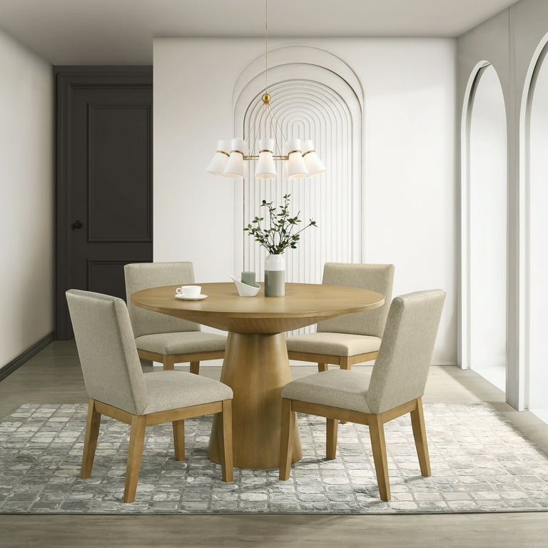 Roundhill Furniture Rocco Contemporary Dining Set Round Pedestal Table with 4 Chairs Driftwood