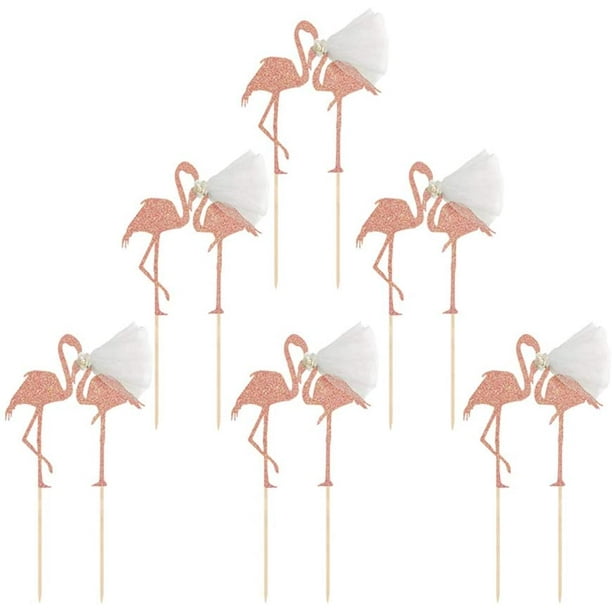 HTOOQ 6pcs Creative Flamingos Cake Topper Picks Glitter Cake Picks ...