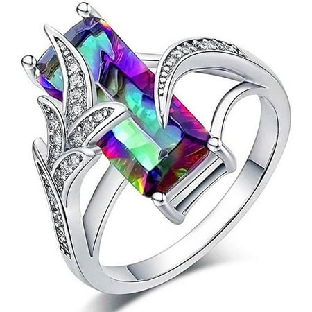 Women's Seven-Color Topaz Square Diamond Personality Inlaid Rainbow Gem ...