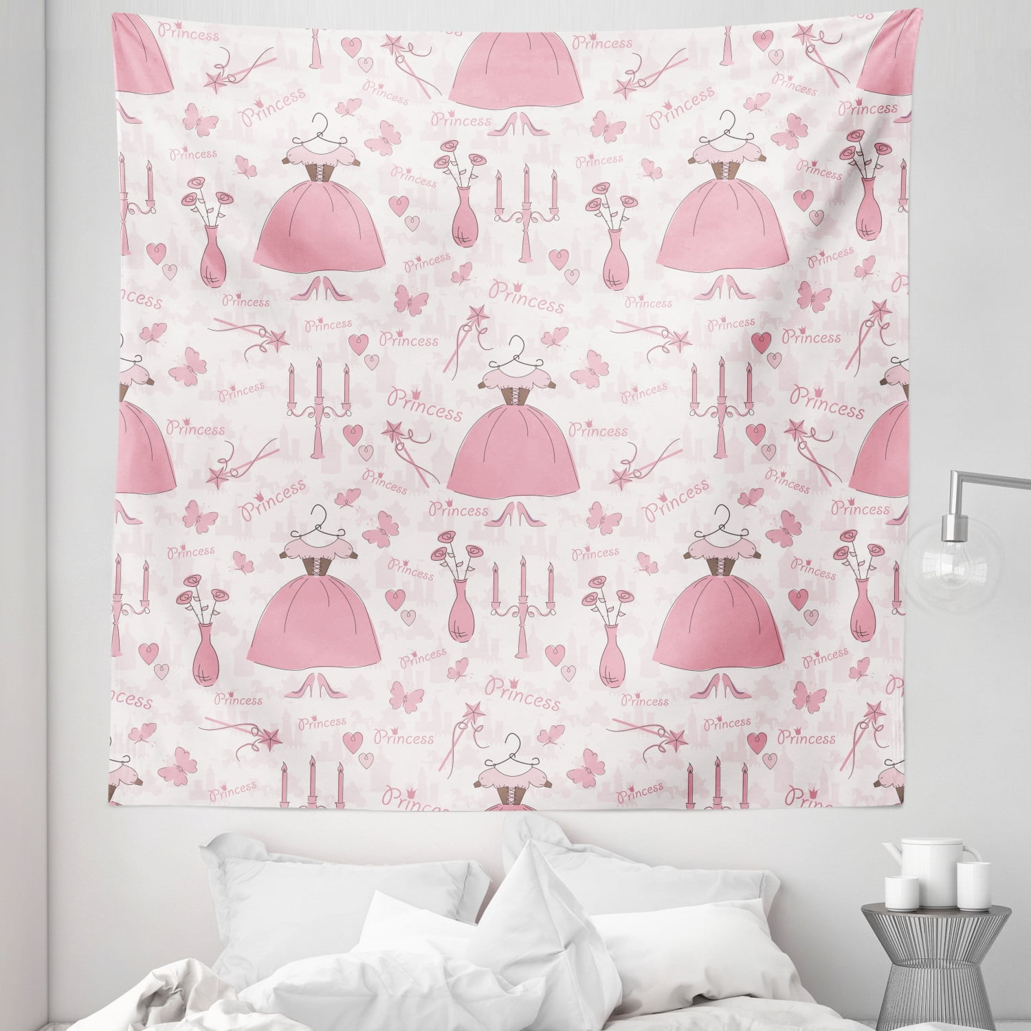 Pink Tapestry, Pattern with Accessories of Cartoon Mystic Candles ...