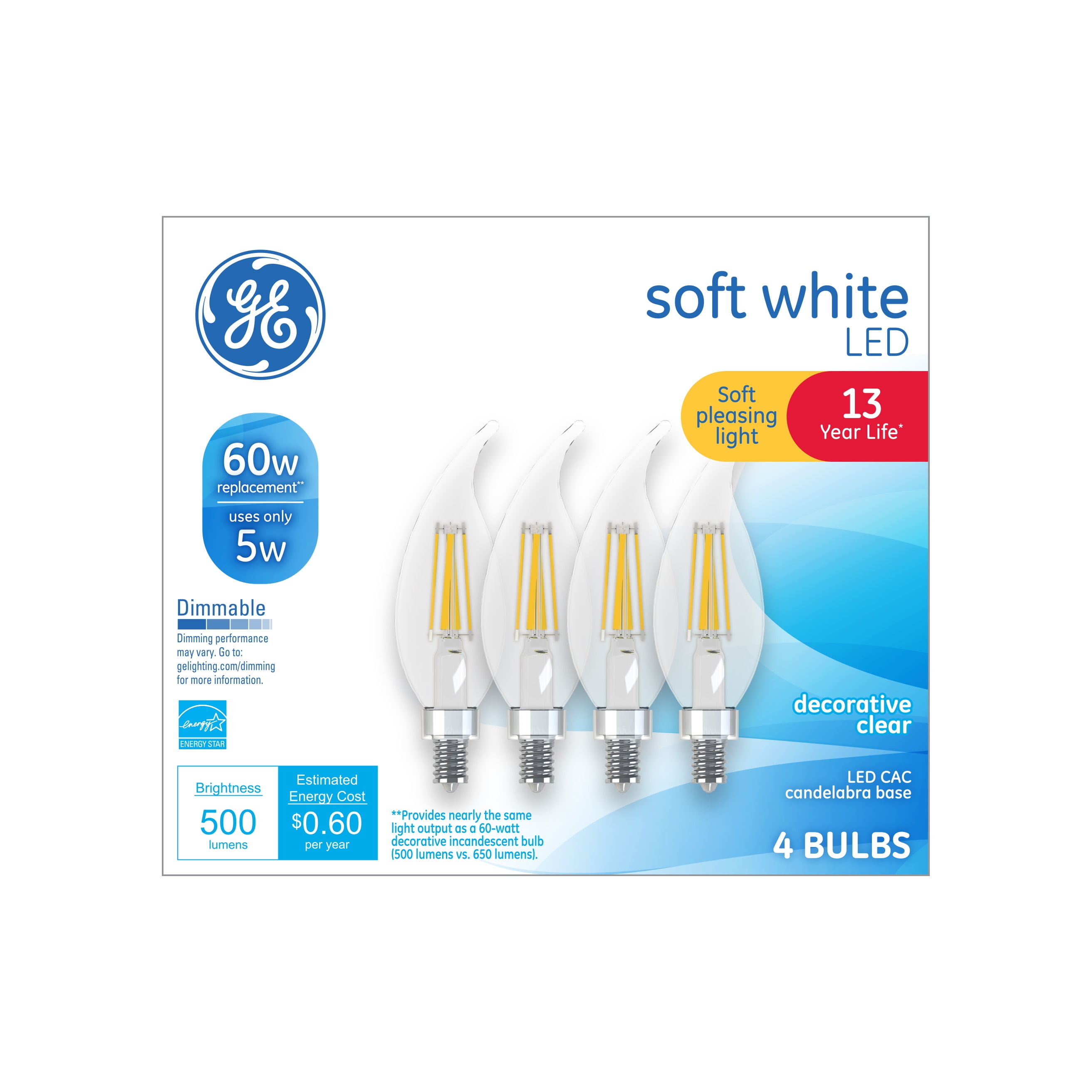 GE LED 5W(60W Equivalent) Soft White Clear Decorative, Small Base, 13 ... GE LED 5W(60W Equivalent) Soft White Clear Decorative, Small Base, 13 ...