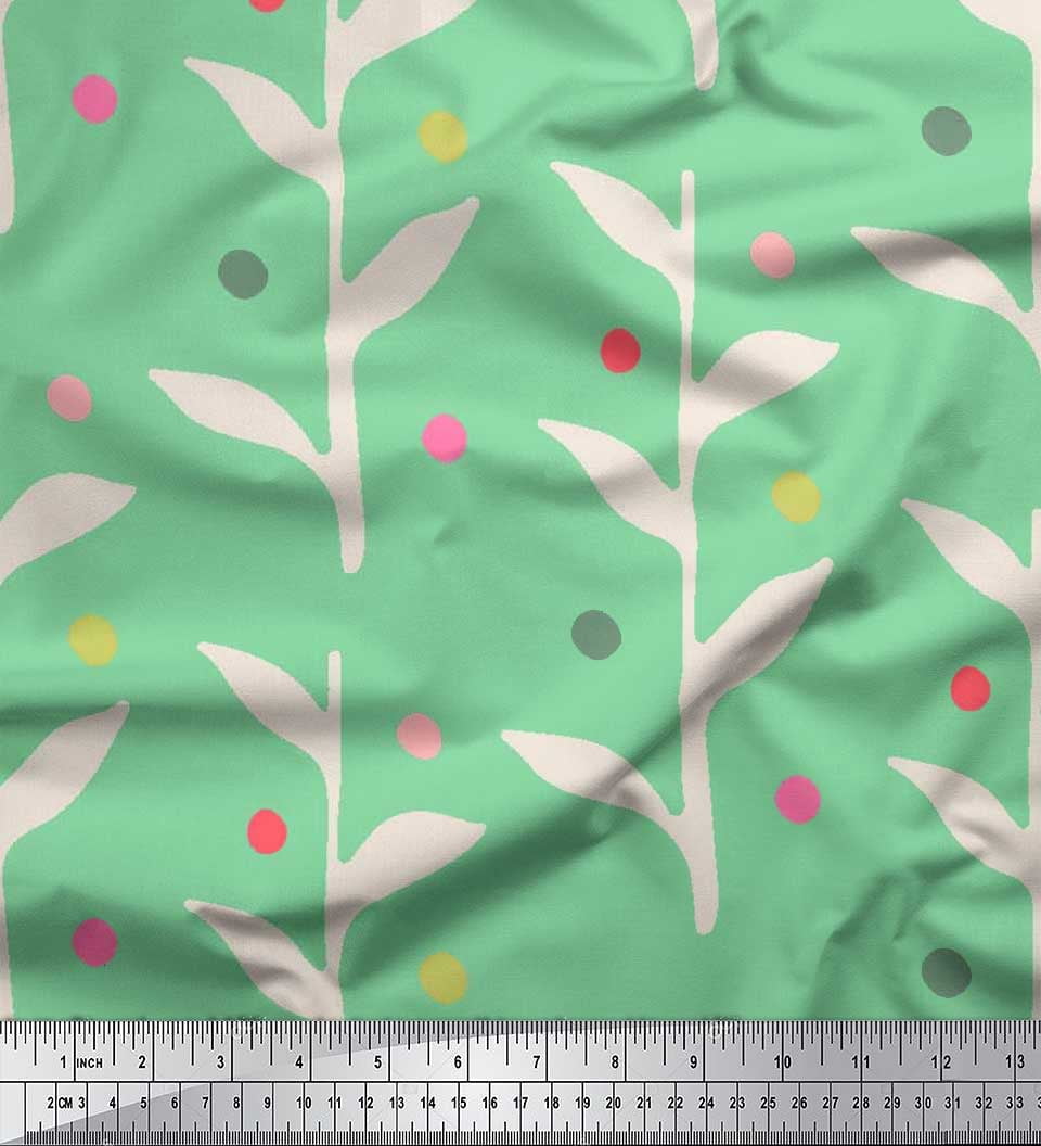 Soimoi Green Silk Fabric Dot & Leaves Print Fabric by the Yard 42 Inch ...