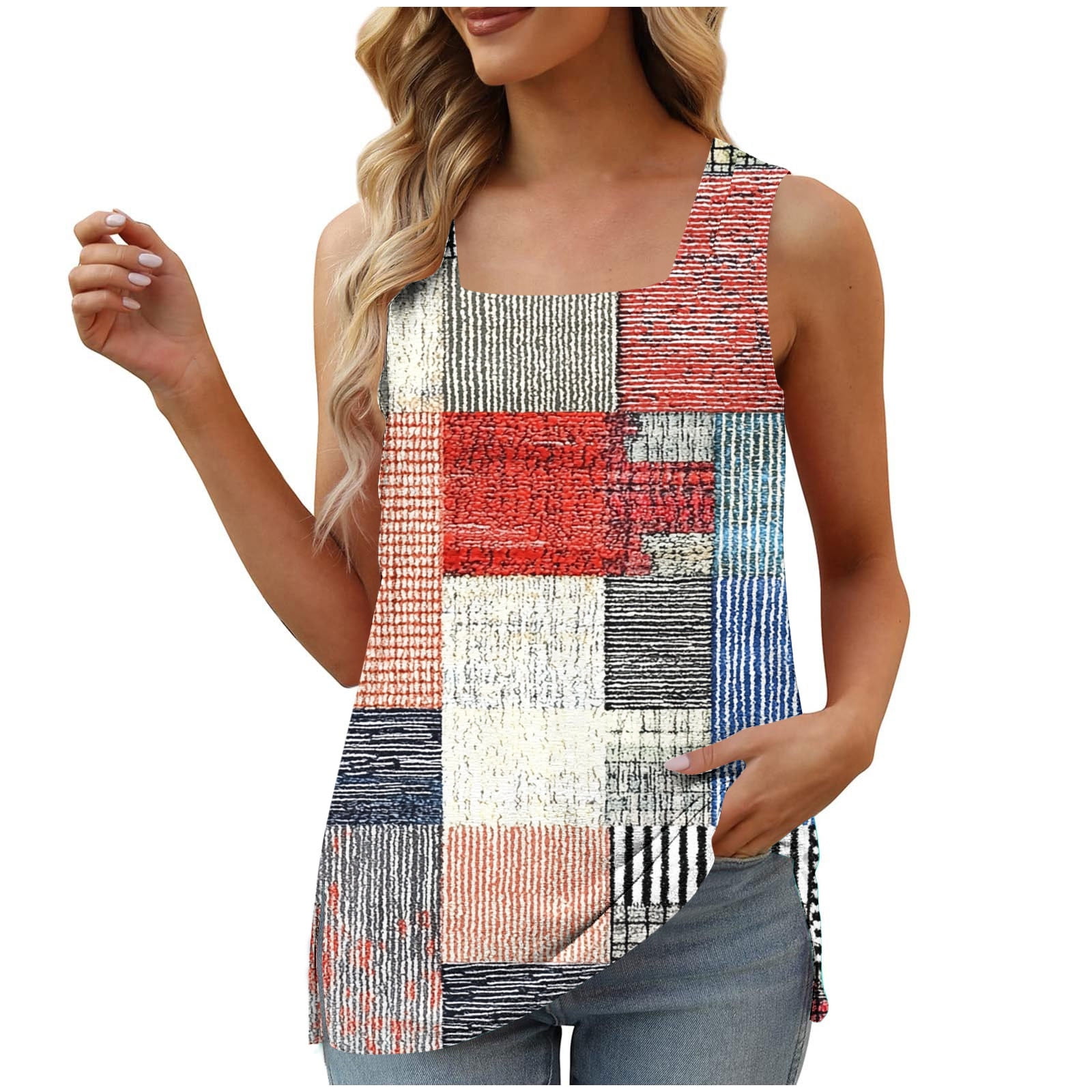 Sleeveless T-shirt for Women, Square Neck, Unpositioned Print, Loose ...