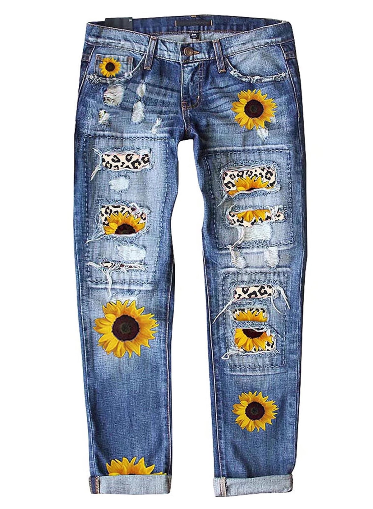 FARYSAYS Women Jeans Stretchy Sunflower Leopard Pattern Print Ripped ...