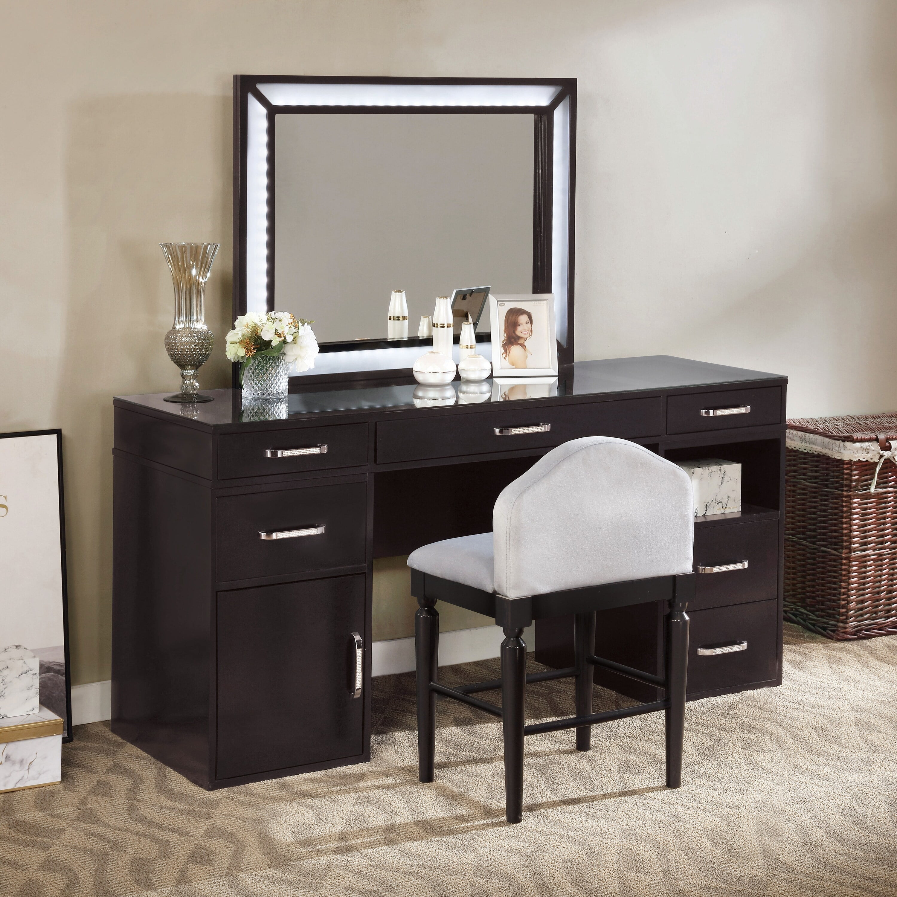 Furniture of America Zehr Contemporary Solid Wood Vanity Set Obsidian ...