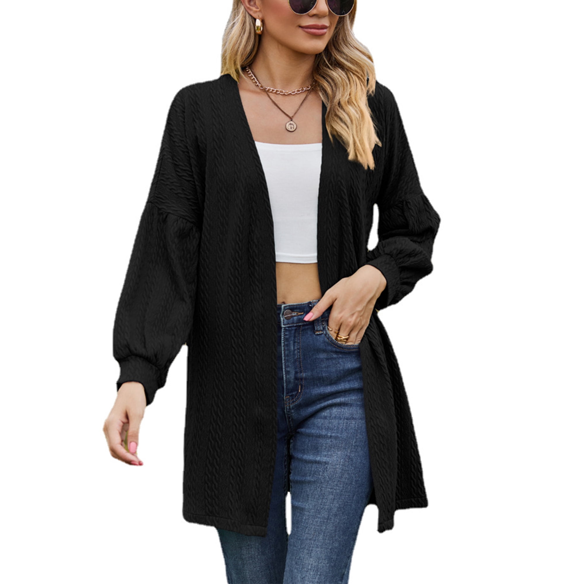 Avamo Ladies Cardigan Open Front Outwear Solid Color Knit Cardigans Lightweight Tunic Tops Work Black Xl