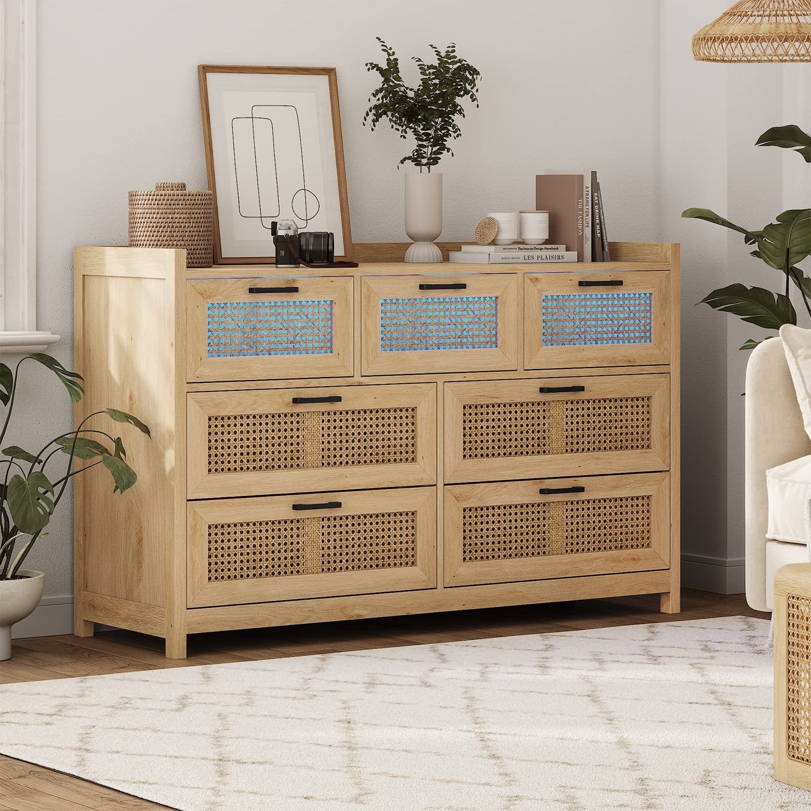 7 Drawer Dressers with LED Light, Natural Rattan Dresser for Bedroom ...