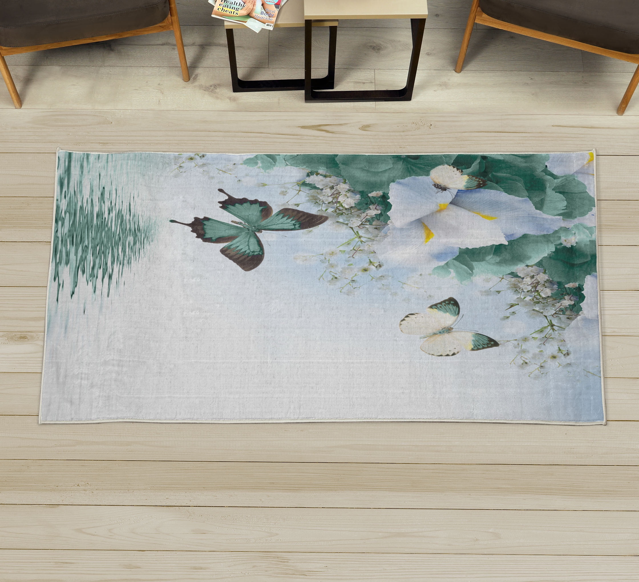 Floral Decorative Rug, Nature Theme Wild Flowers Monarch Flying ...